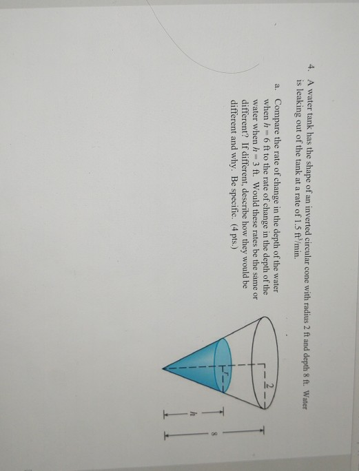 Solved 4. A water tank has the shape of an inverted circular | Chegg.com