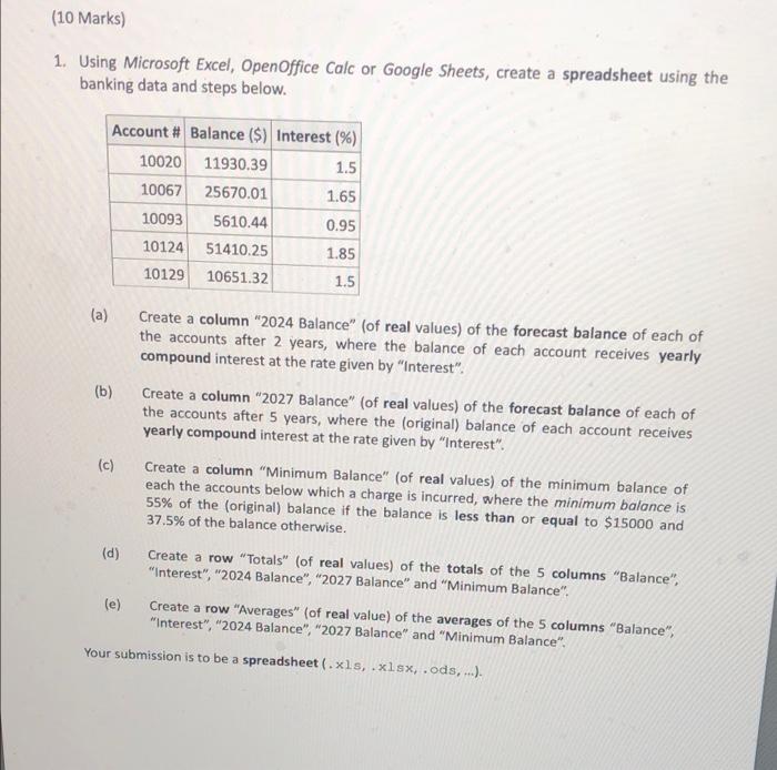 Solved (10 Marks) 1. Using Microsoft Excel, OpenOffice Calc | Chegg.com