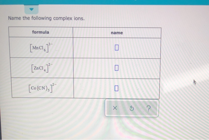 Solved Name the following complex ions. formula name [ManC1 | Chegg.com