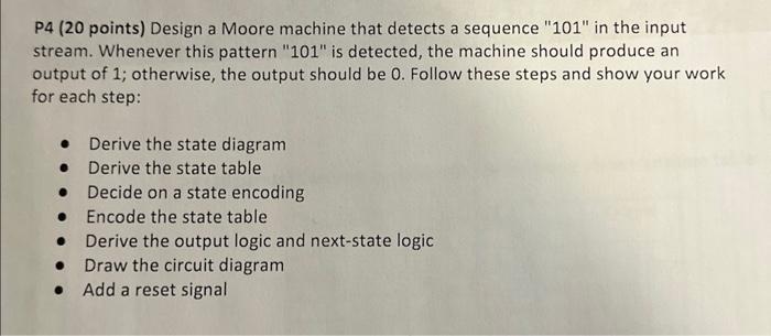 Solved P4 (20 points) Design a Moore machine that detects a | Chegg.com