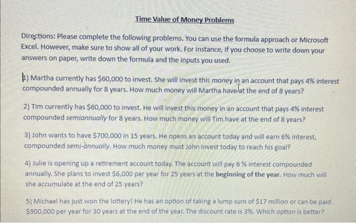 Solved Time Value of Money Problems Directions: Please | Chegg.com