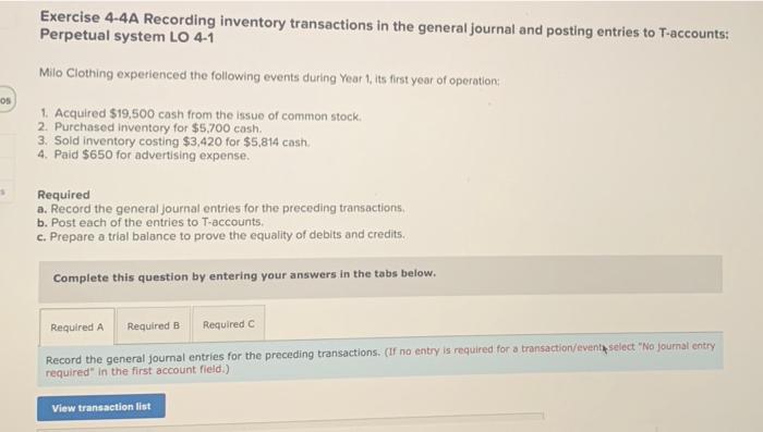 Solved Exercise 4-4A Recording inventory transactions in the | Chegg.com