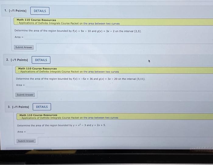 Solved Math 110 Course Resources - Applications of Definite | Chegg.com