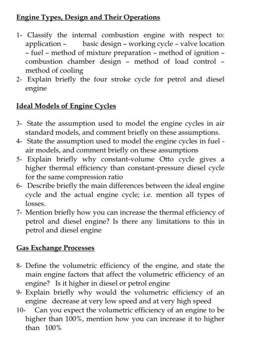 Solved Engine Types, Design and Their Operations 1- Classify | Chegg.com