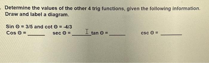 Solved Determine the values of the other 4 trig functions, | Chegg.com