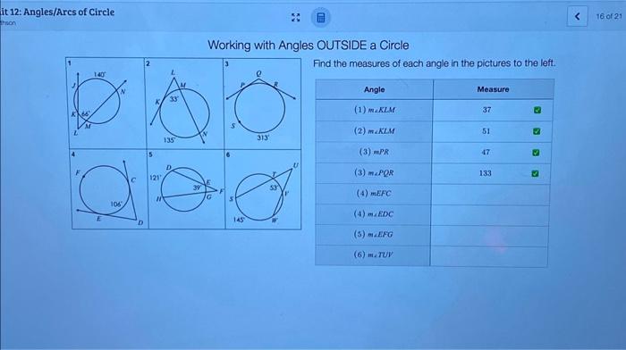 Solved it 12: Angles/Arcs of Circle Working with Angles | Chegg.com