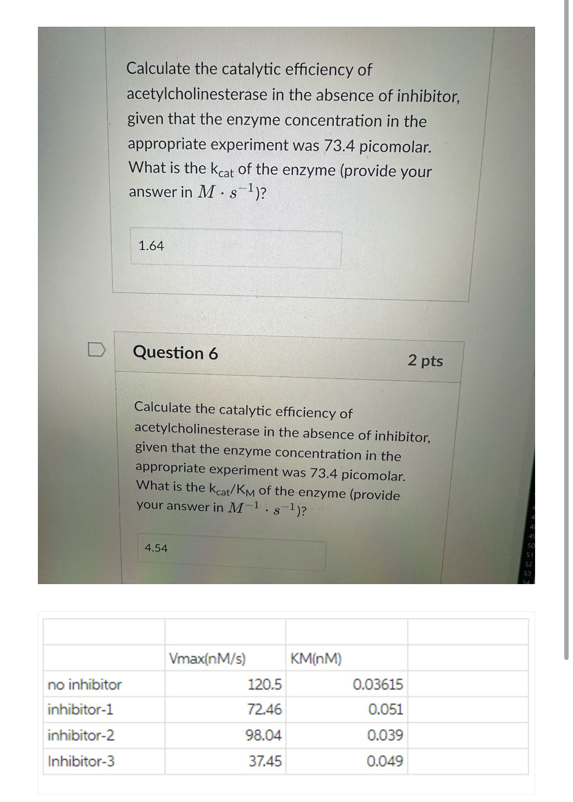 Solved Calculate the catalytic efficiency of | Chegg.com