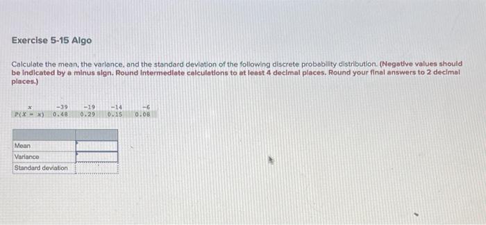Solved Exercise 5-15 Algo Calculate the mean, the variance, | Chegg.com