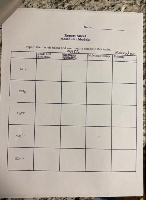 Solved Name Report Sheet Molecular Models Prepare the models | Chegg.com