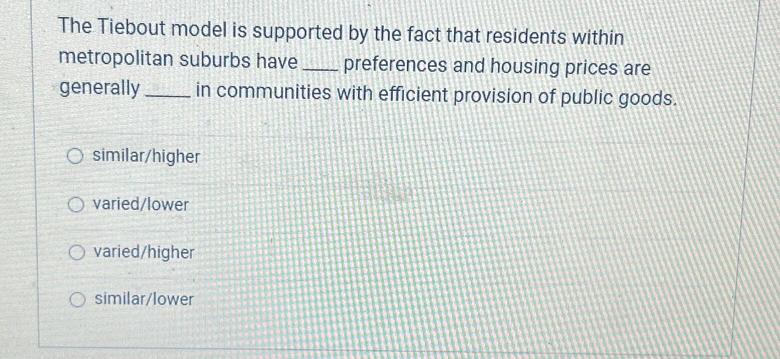 Solved The Tiebout model is supported by the fact that | Chegg.com