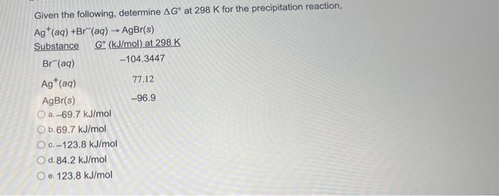 Solved Given the following, determine ΔG∘ at 298 K for the | Chegg.com