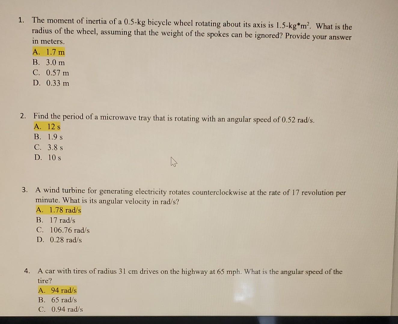 Solved 1. The moment of inertia of a 0.5−kg bicycle wheel | Chegg.com