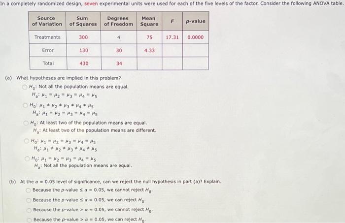 Solved In a completely randomized design, seven experimental | Chegg.com