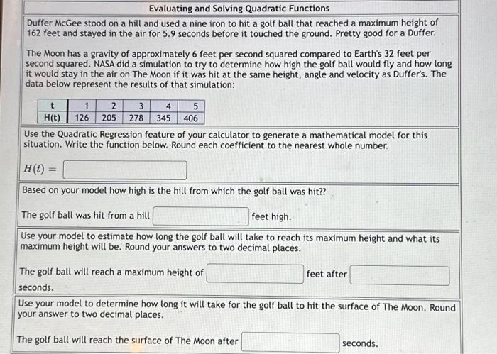 Solved Evaluating and Solving Quadratic Functions Duffer | Chegg.com