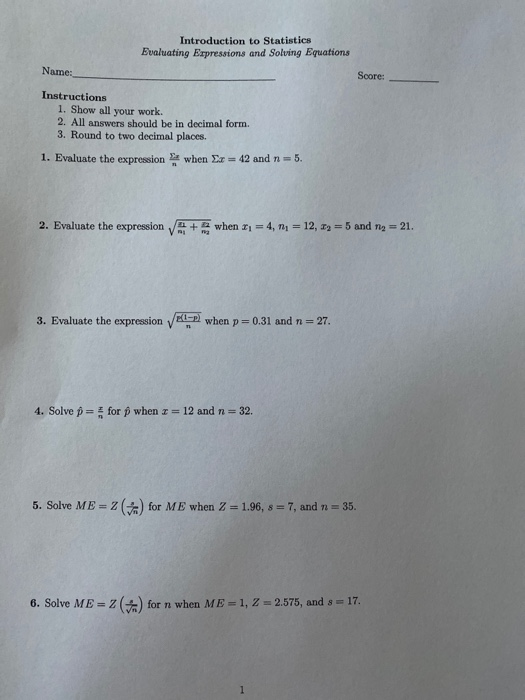 Solved Introduction to Statistics Evaluating Expressions and | Chegg.com