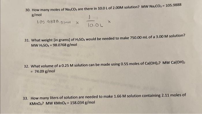 Solved 30. How many moles of Na2CO3 are there in 10.0 L of | Chegg.com