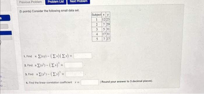 Solved (5 points) Consider the following small data set. 1. | Chegg.com
