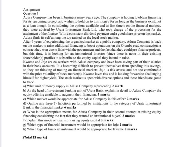 Solved Assignment Question 1 Adusa Company has been in | Chegg.com