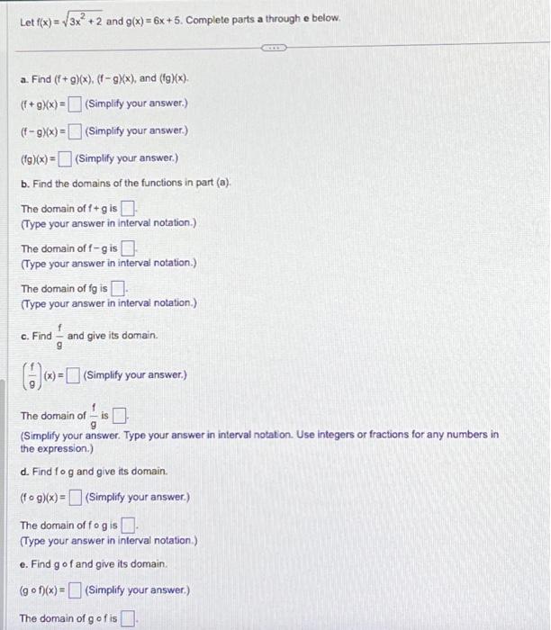 Let f(x) = √3x² + 2 and g(x) = 6x +5. Complete parts | Chegg.com