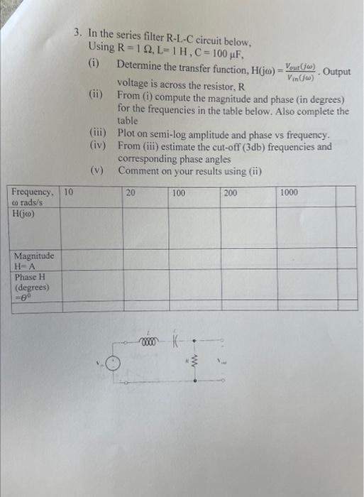 Solved 3. In the series filter R-L-C circuit below, Using | Chegg.com