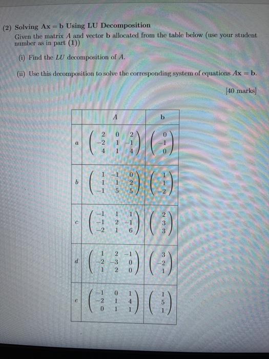 Solved (2) Solving Ax=b Using LU Decomposition Given the | Chegg.com