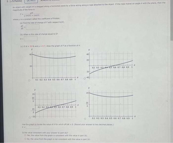 Solved F=μsin(θ)+cos(θ)μW whete μ is a constant caled the | Chegg.com