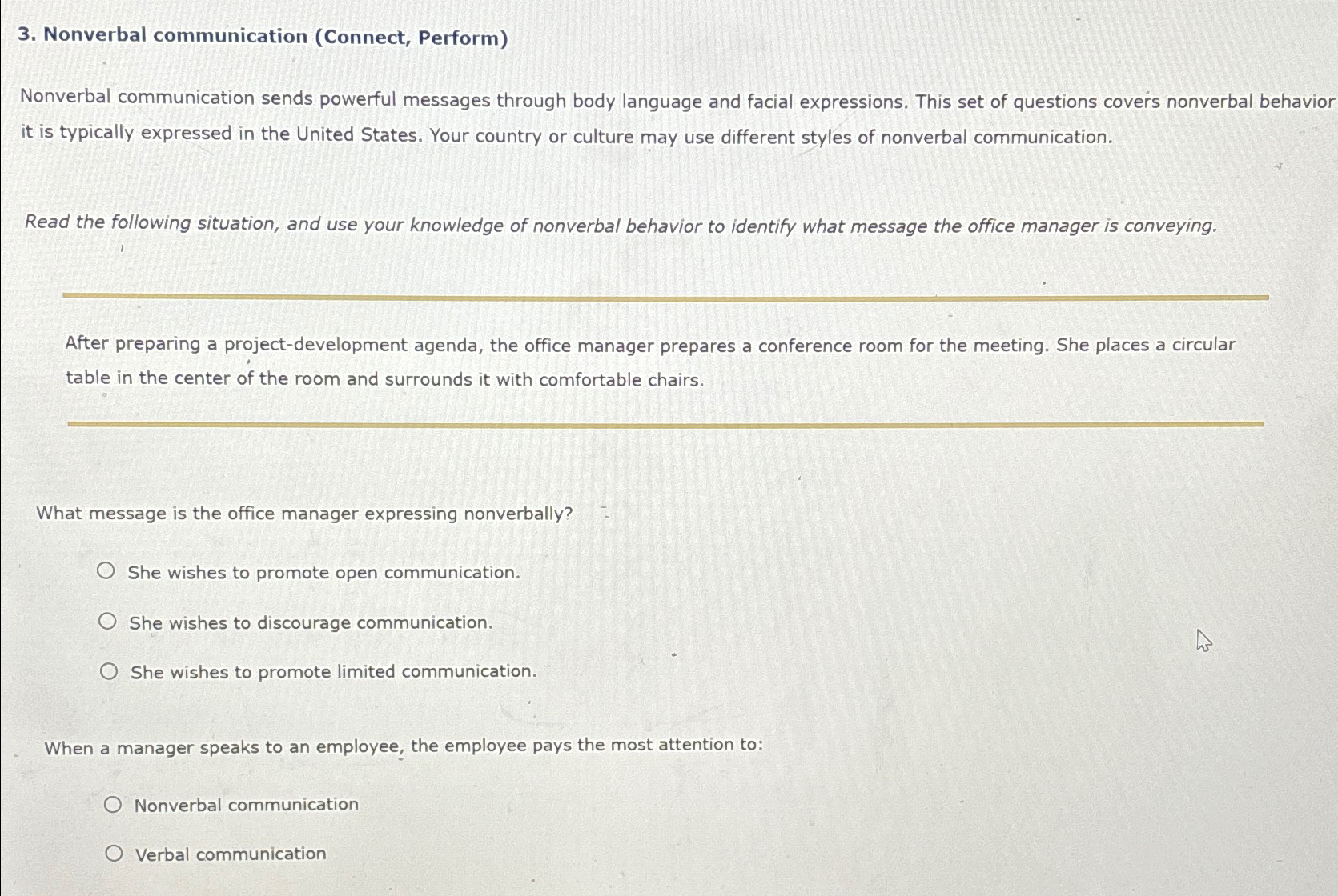 Solved Nonverbal communication (Connect, ﻿Perform)Nonverbal | Chegg.com