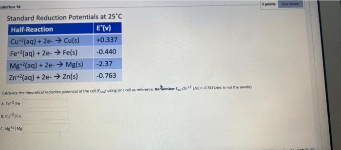 Solved 2 points uestion 16 Standard Reduction Potentials at | Chegg.com Solved 2 points uestion 16 Standard Reduction Potentials at | Chegg.com