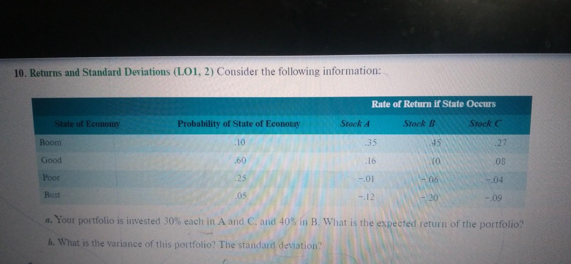 Solved 10. Returns and Standard Deriations (LO1, 2) Consider | Chegg.com