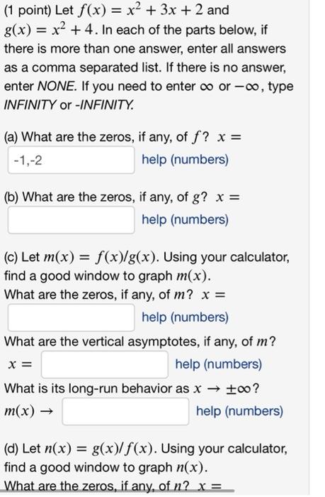Solved (1 point) Let f(x)=x2+3x+2 and g(x)=x2+4. In each of | Chegg.com