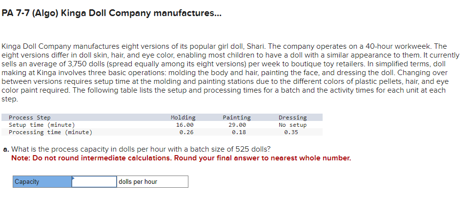 Solved PA 7-7 (Algo) ﻿Kinga Doll Company | Chegg.com