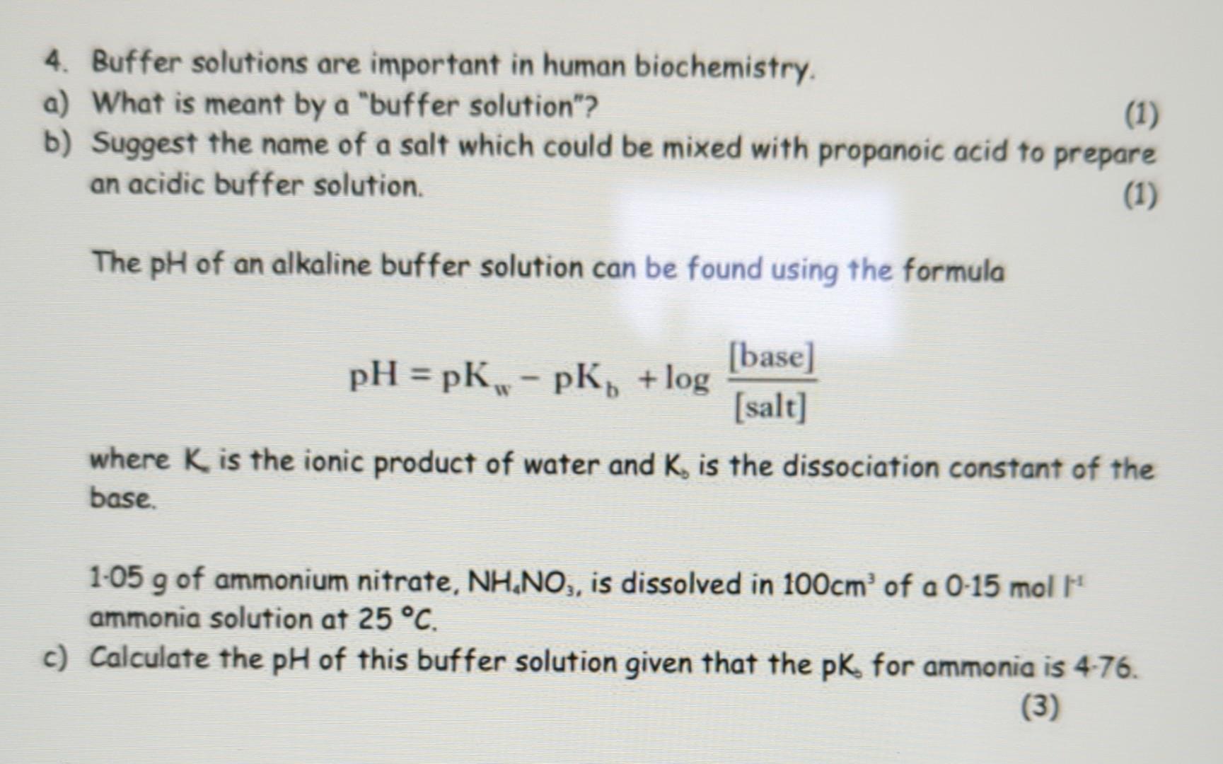 Solved 4. Buffer solutions are important in human | Chegg.com