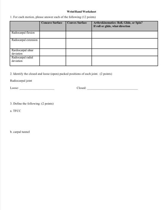 Wrist/Hand Worksheet 1. For each motion, please | Chegg.com