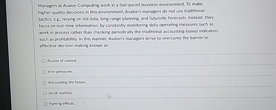 Solved Managers at Avalon Computing work in a fast-paced | Chegg.com