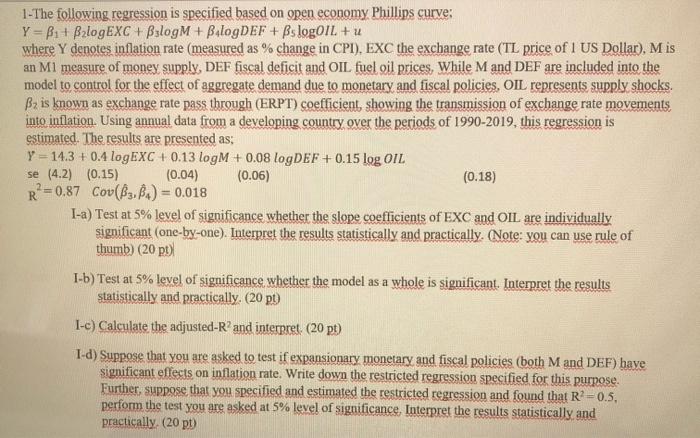 Solved 1-The following regression is specified based on open | Chegg.com