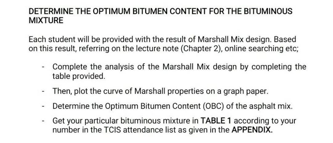 Solved DETERMINE THE OPTIMUM BITUMEN CONTENT FOR THE | Chegg.com