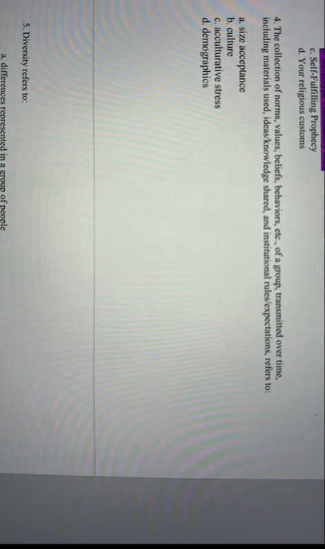 Solved c. ﻿Self-Fulfilling Prophecyd. ﻿Your religious | Chegg.com