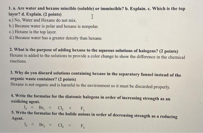 1. a. Are water and hexane miscible (soluble) or | Chegg.com