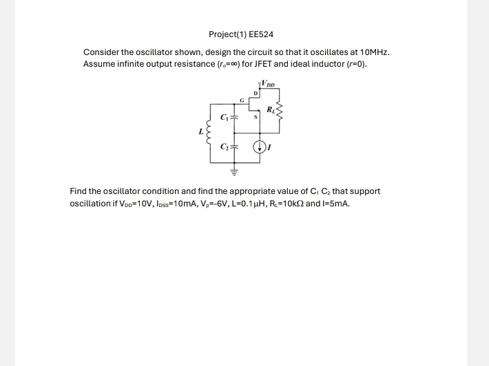 Solved Project(1) ﻿EE524Consider the oscillator shown, | Chegg.com