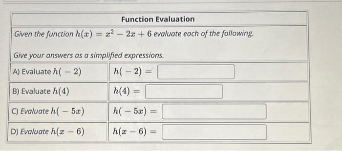 Solved Function Evaluation Given the function h(x)=x2−2x+6 | Chegg.com