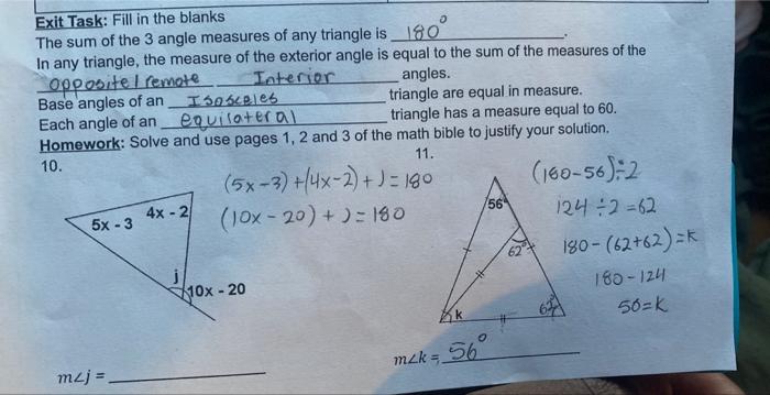 Solved Exit Task: Fill in the blanks The sum of the 3 angle | Chegg.com
