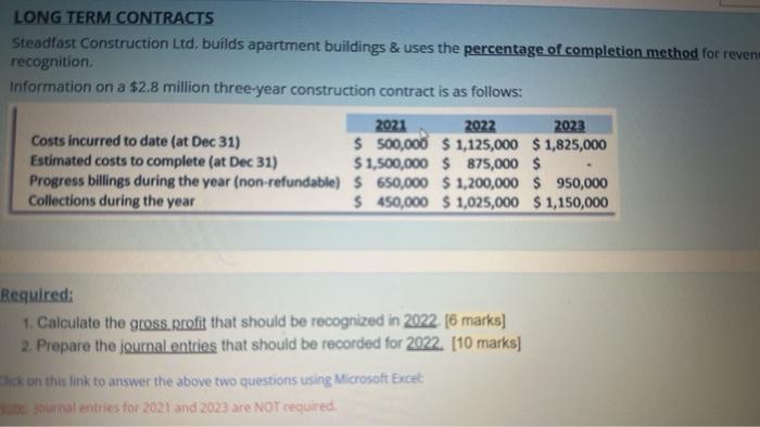 Solved LONG TERM CONTRACTS Steadfast Construction Ltd. | Chegg.com