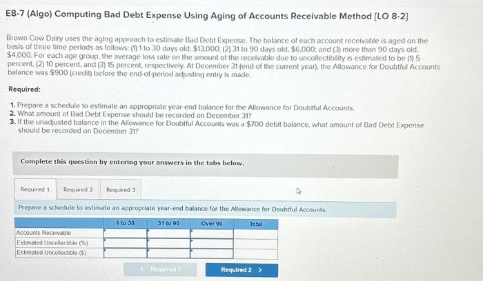 Solved E8-7 (Algo) Computing Bad Debt Expense Using Aging of | Chegg.com