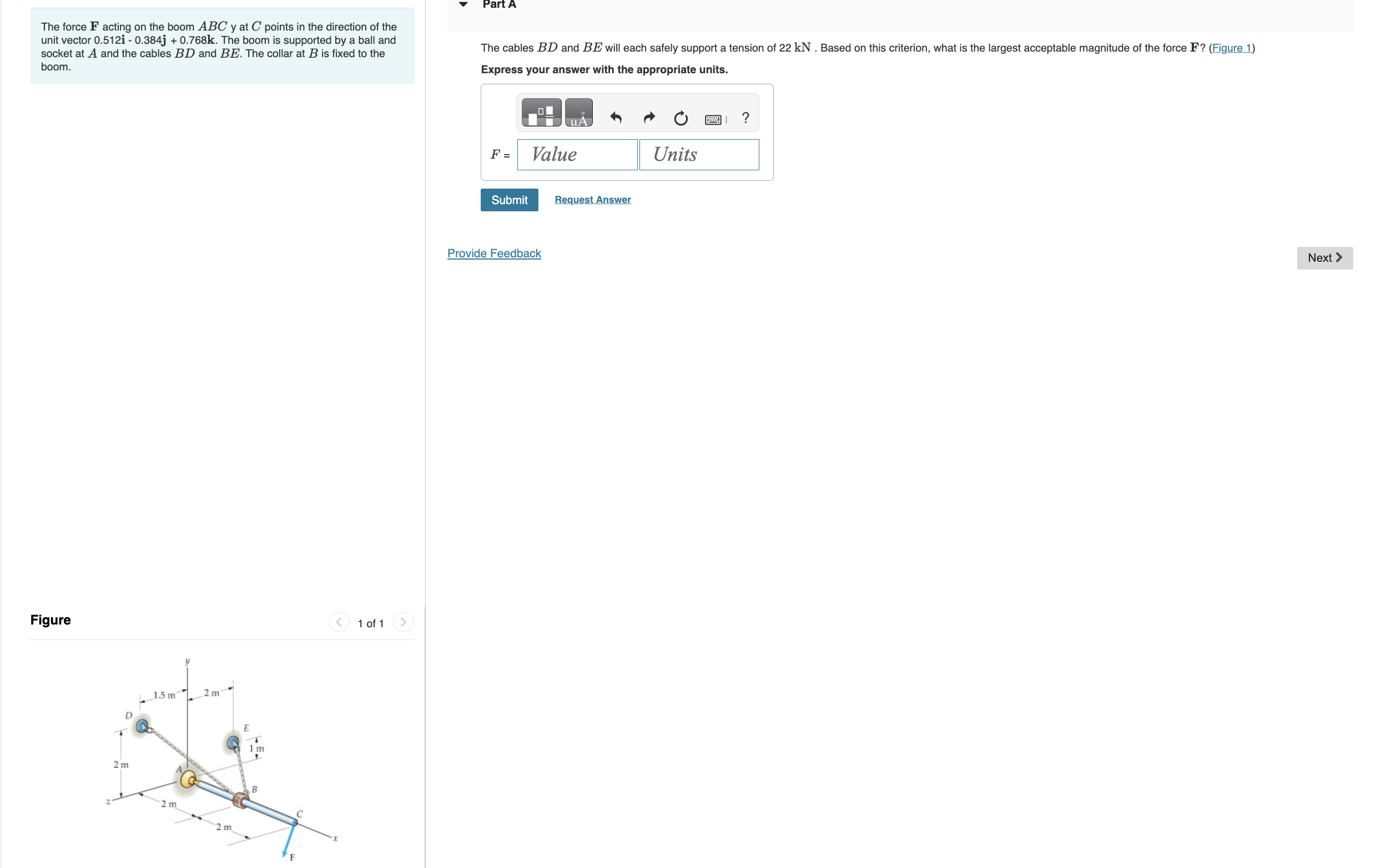 Solved The force F ﻿acting on the boom ABC y at C ﻿points in | Chegg.com