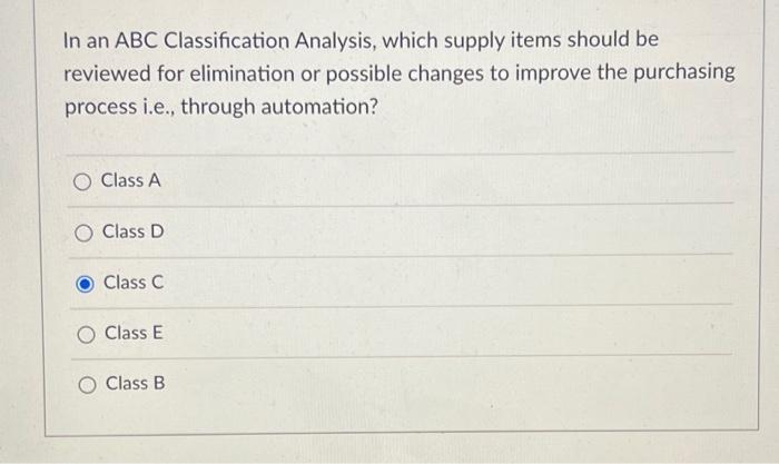 Solved In an ABC Classification Analysis, which supply items | Chegg.com