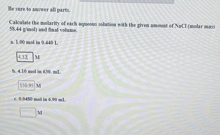 Solved Calculate the molarity of each aqueous solution with | Chegg.com