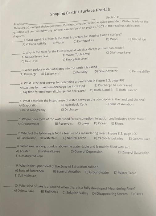 Solved Shaping Earth's Surface Pre-lab Section Print Name | Chegg.com