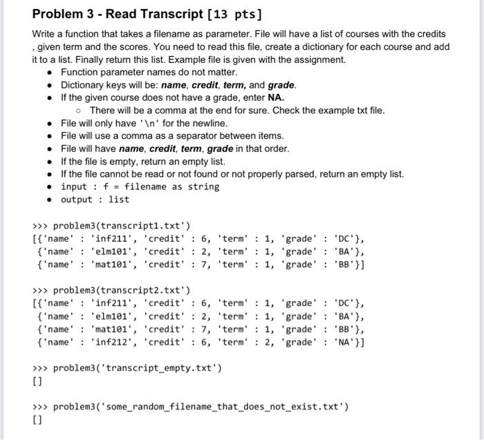 Solved Problem 3 - Read Transcript [ 13 pts] Write a | Chegg.com