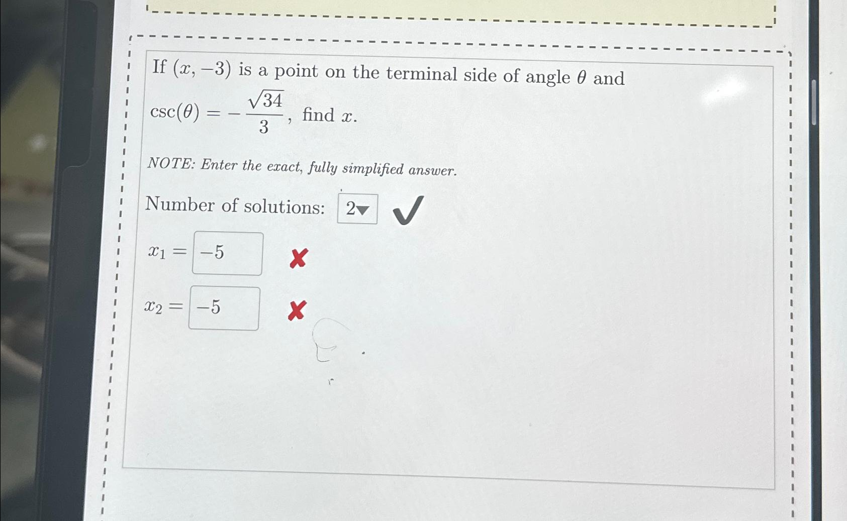 Solved If (x,-3) ﻿is a point on the terminal side of angle θ | Chegg.com
