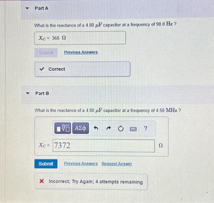 Solved What is the reactance of a 4.80μF capacitor at a | Chegg.com